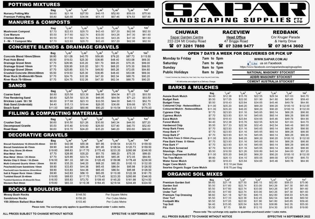 Price List – Sapar Landscaping Supplies